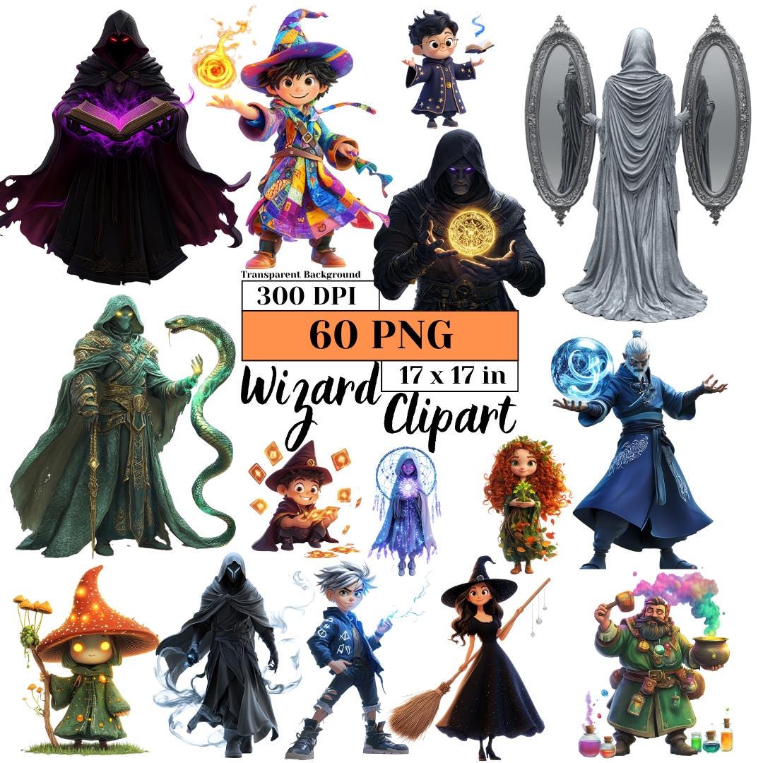 Cute Wizard Clipart Bundle Magic Characters PNG Fantasy Magician Art ...