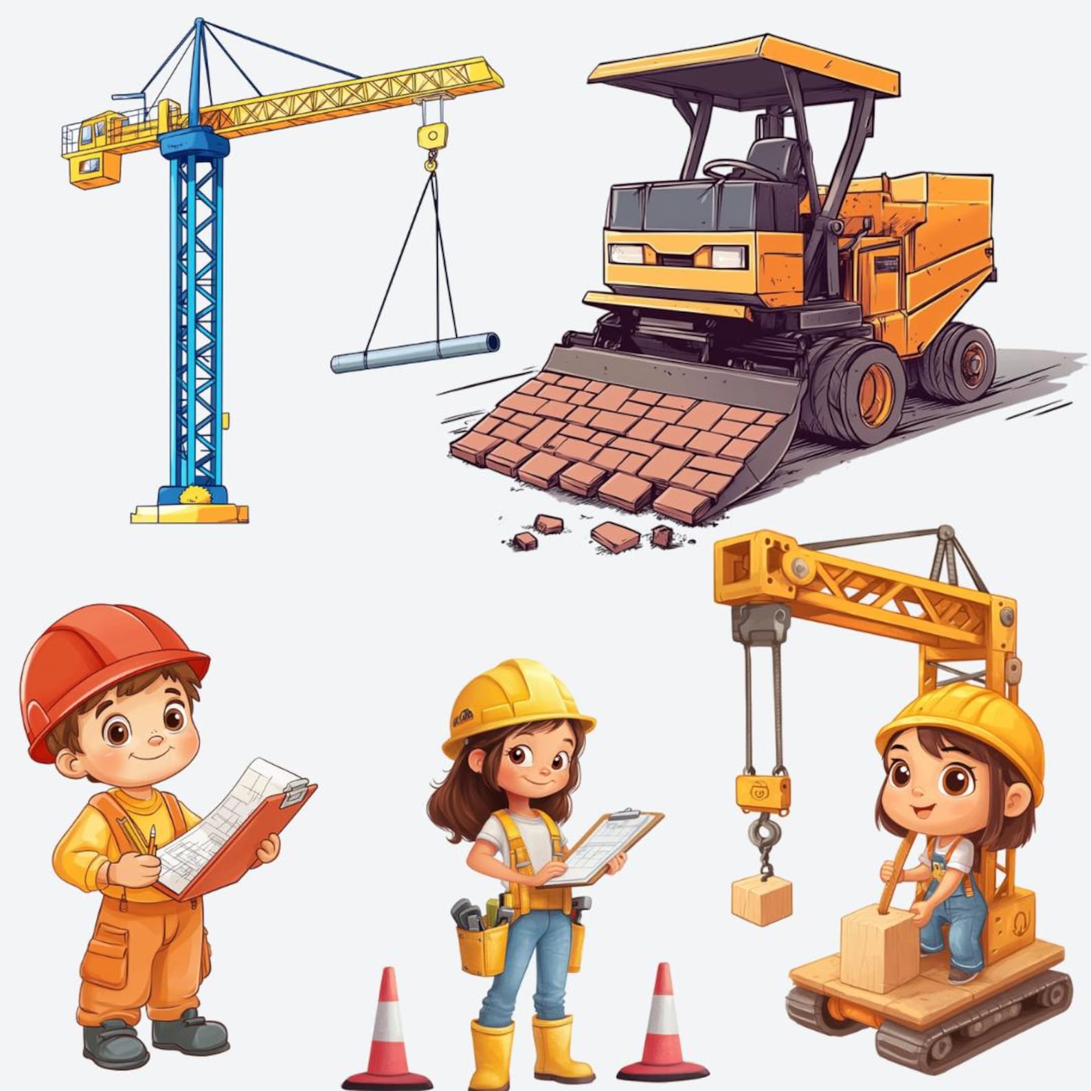 Watercolor Construction Clipart Bundle Vehicles Workers PNG Truck ...