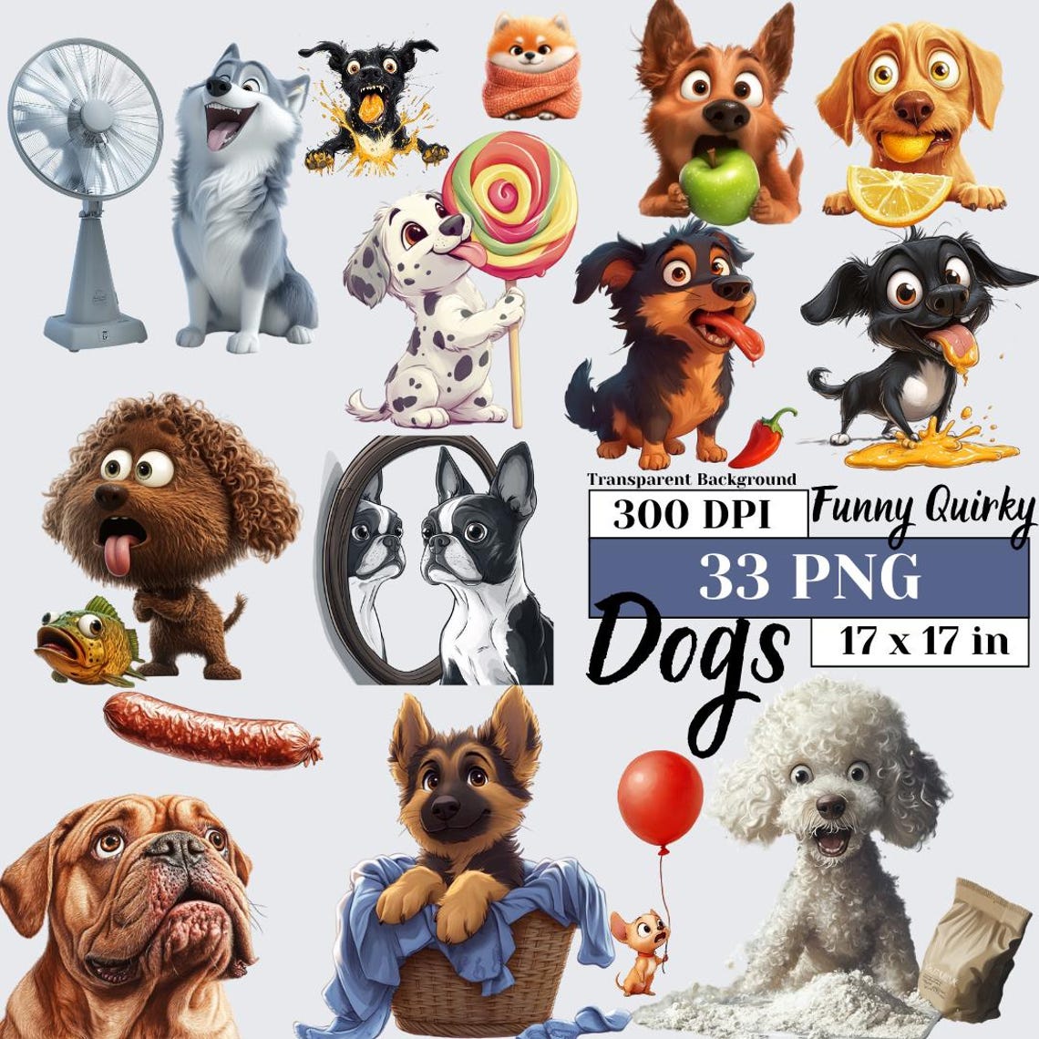 Quirky Funny Dog Clipart Bundle Cute Watercolor Puppy PNG Whimsical ...