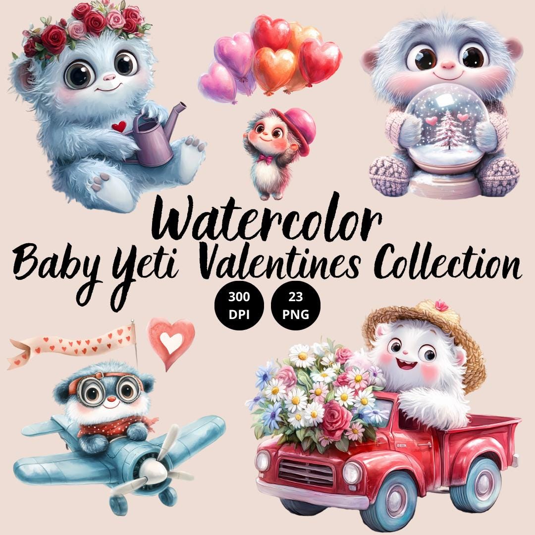 Watercolor Baby Yeti Clipart, Romantic Love-themed Digital Art, Cute ...