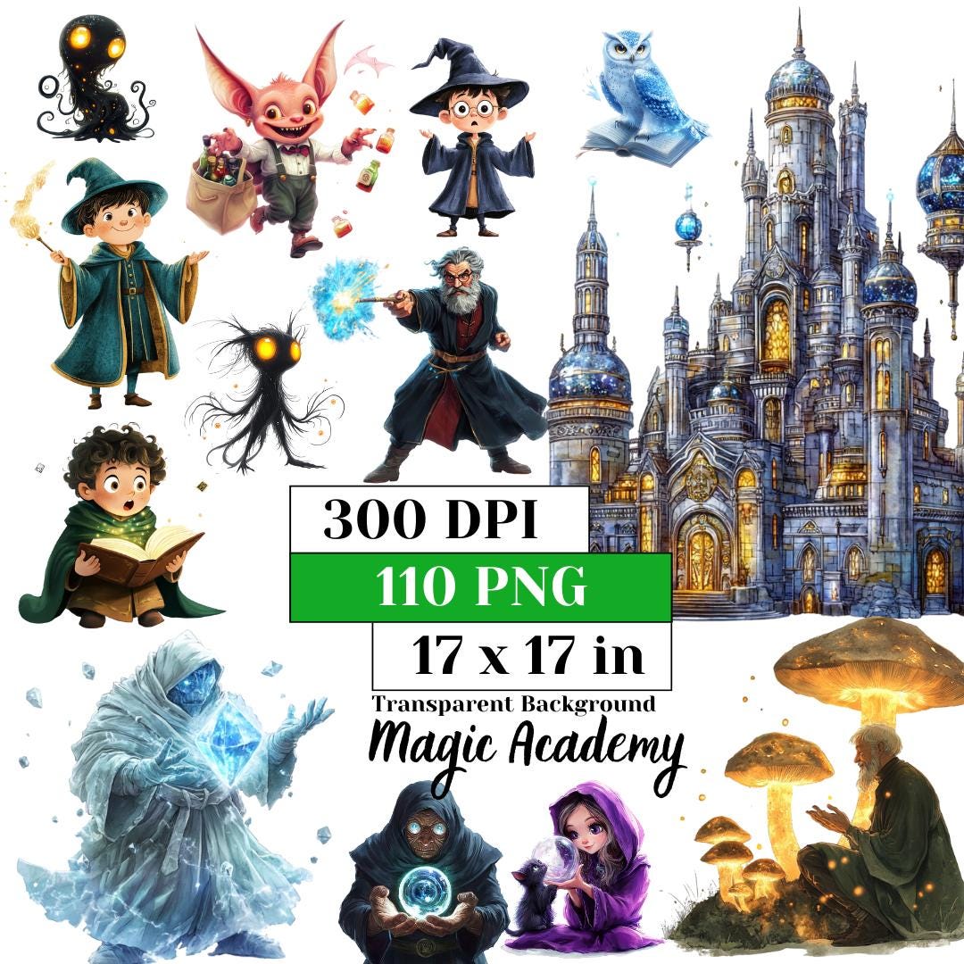 Cute Wizard School Clipart Bundle Watercolor Witch PNG Magic Academy ...