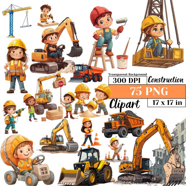 Watercolor Construction Clipart Bundle Vehicles Workers PNG Truck ...