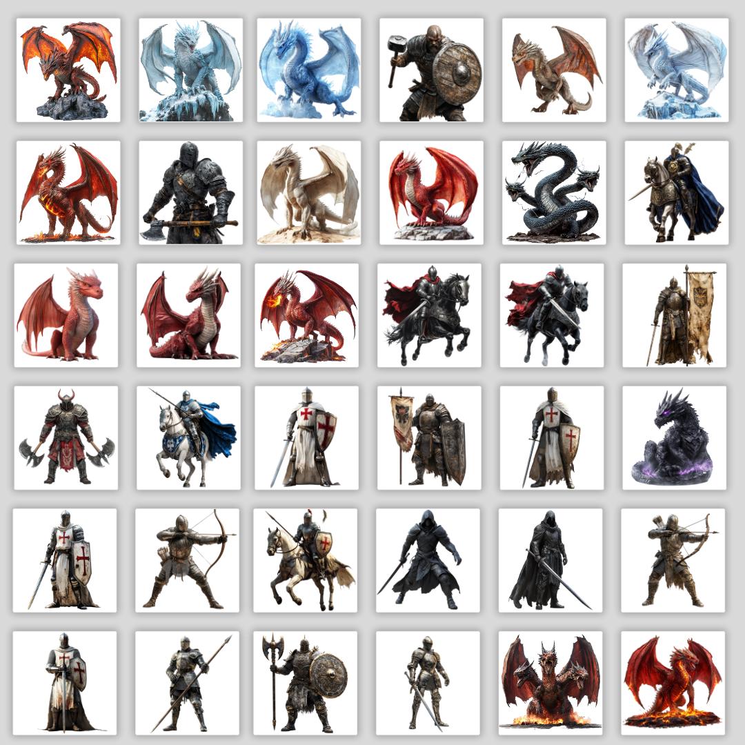 Realistic Dragon and Knight Clipart Bundle – Fantasy PNG for ...