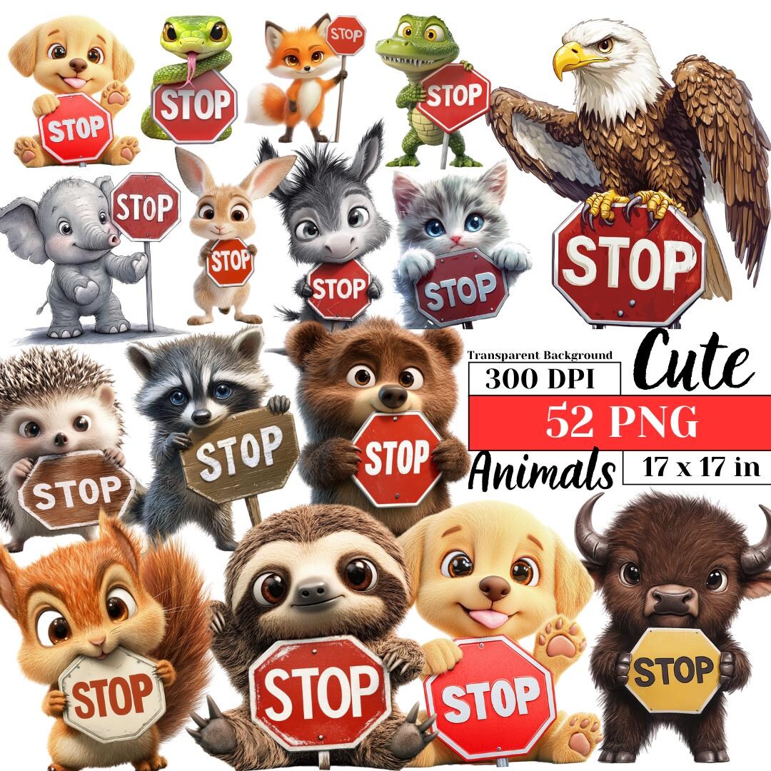 Cute Quirky Funny Baby Animals Clipart Watercolor Whimsical Stop Sign ...