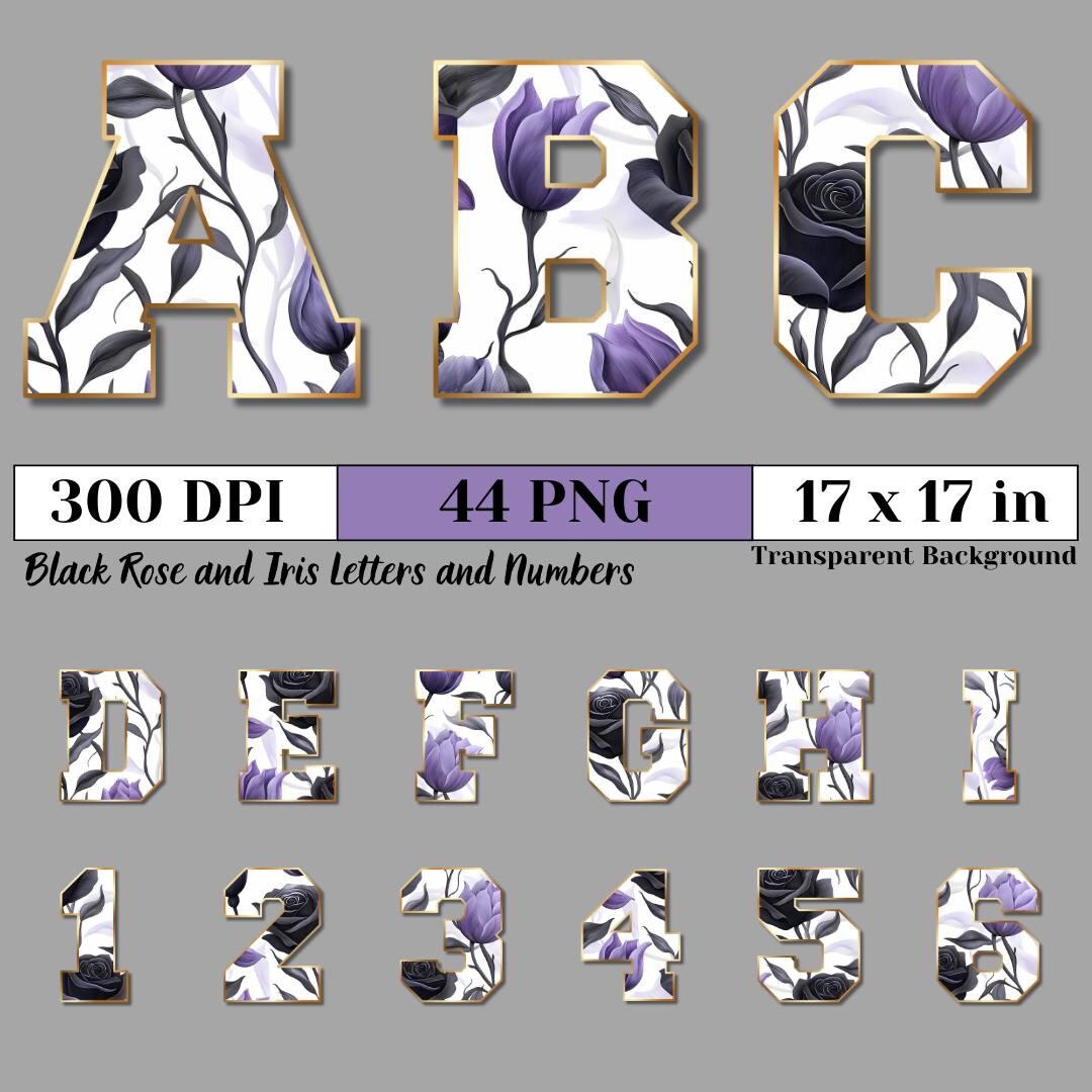 Watercolor Black Rose and Iris Alphabet PNG, Floral Letters Numbers ...