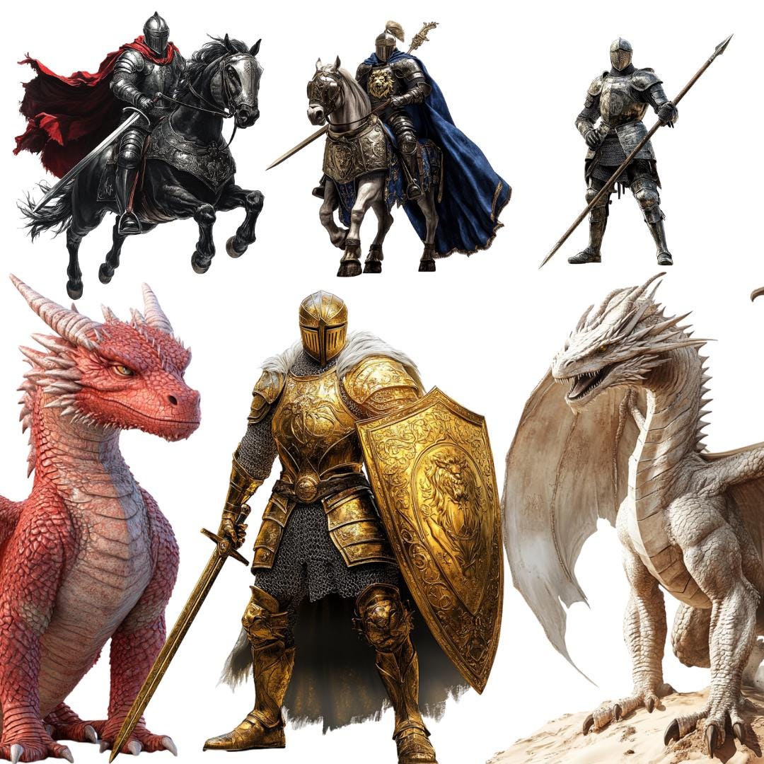 Realistic Dragon and Knight Clipart Bundle – Fantasy PNG for ...