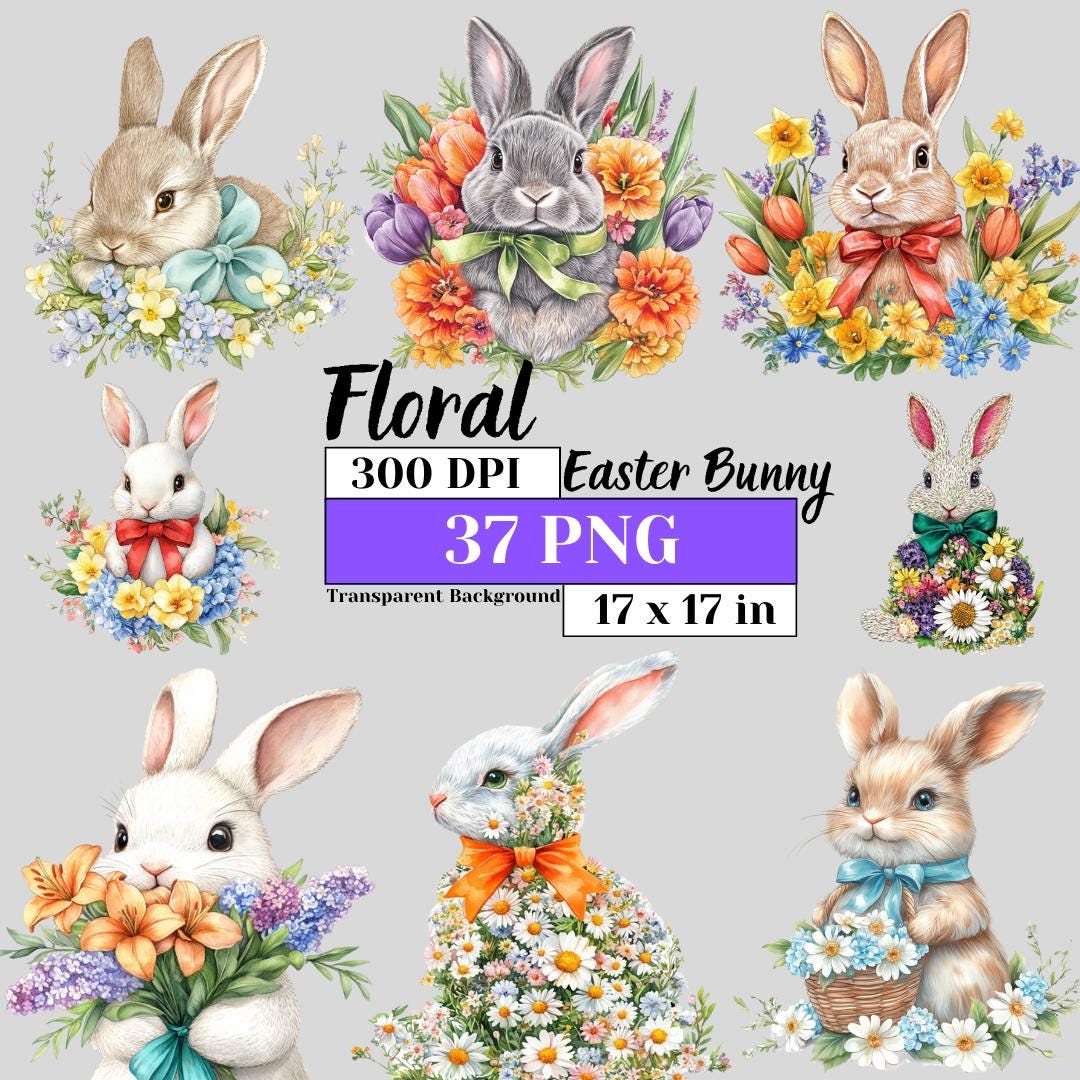 Cute Bunny Clipart Bundle Watercolor Easter Bunny PNG Floral Coquette ...