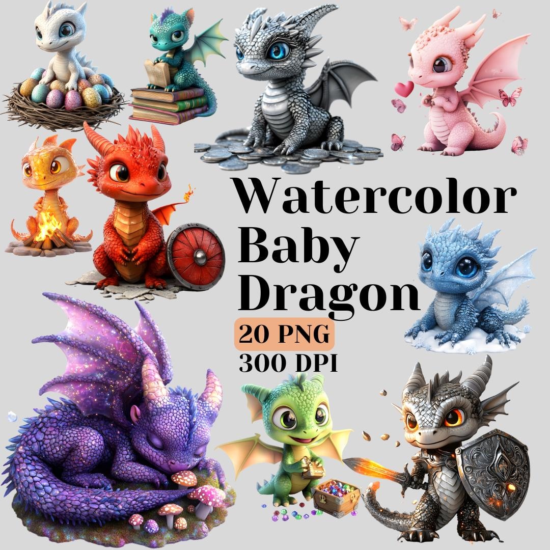 Watercolor Baby Dragon Clipart, Cute Dragon PNG Bundle, Fantasy ...