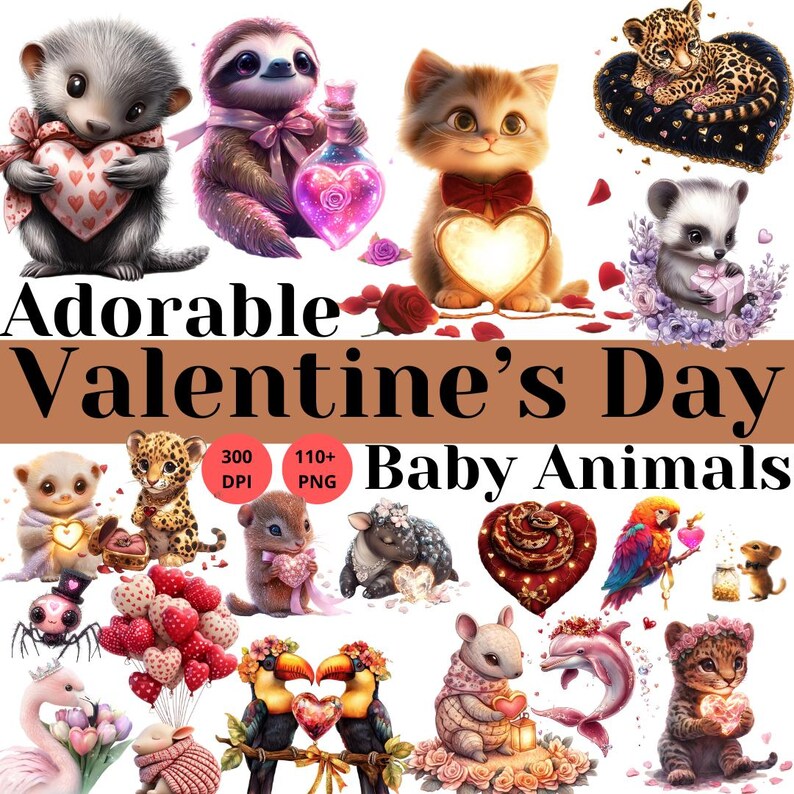 Adorable Valentine’s Day Baby Animals Clipart, Cute Love Themed Animal ...