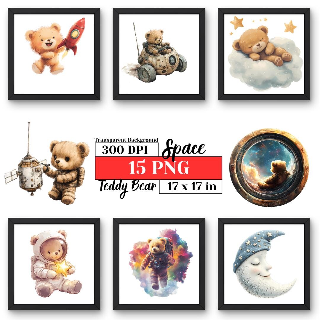 Watercolor Teddy Bear Astronaut Clipart Space PNG Cosmic Art ...