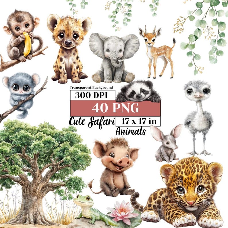 Cute Safari Animals Clipart Bundle Jungle Animal PNG Nursery Art ...