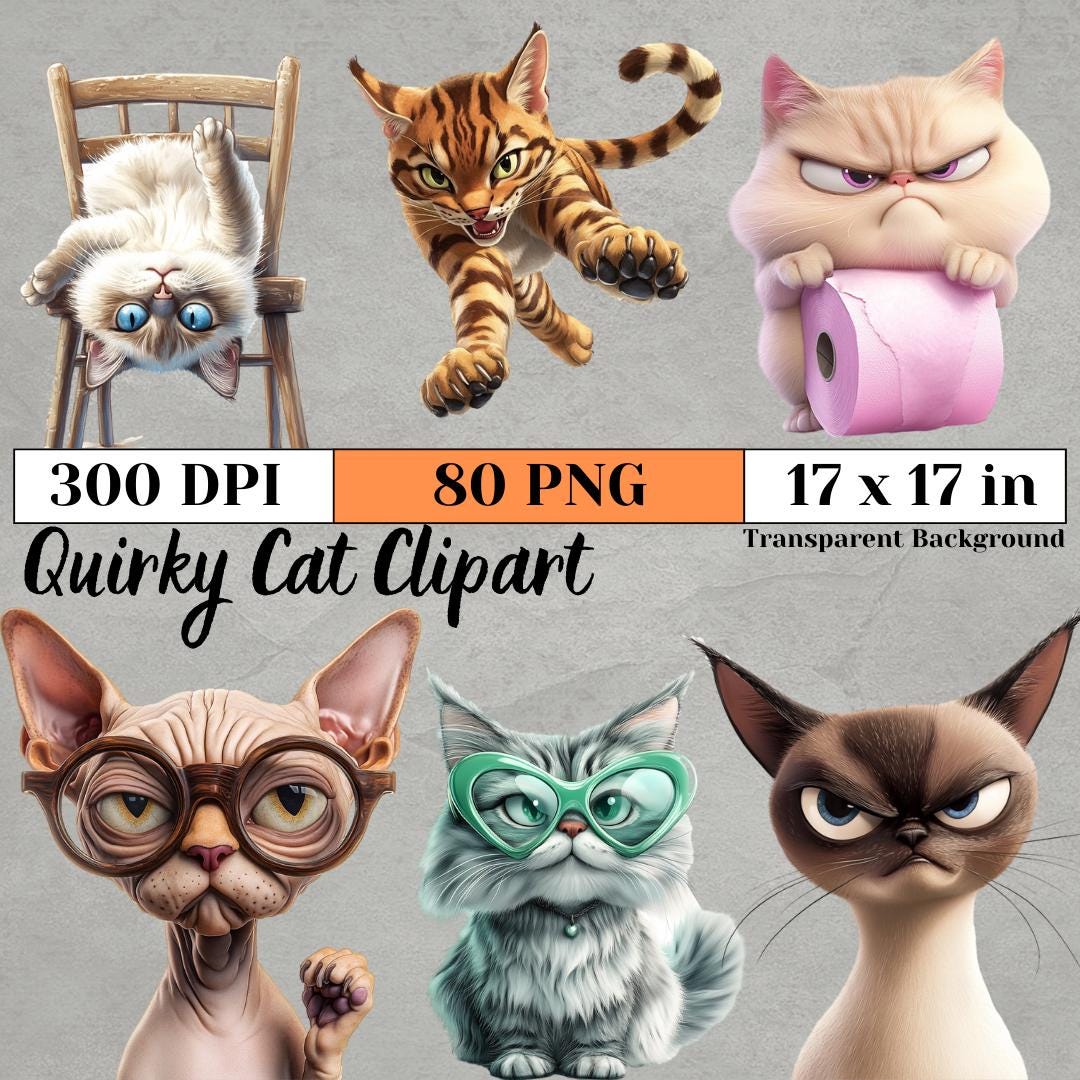 Quirky Cat Clipart PNG Funny Whimsical Kitten Graphics for Sublimation ...