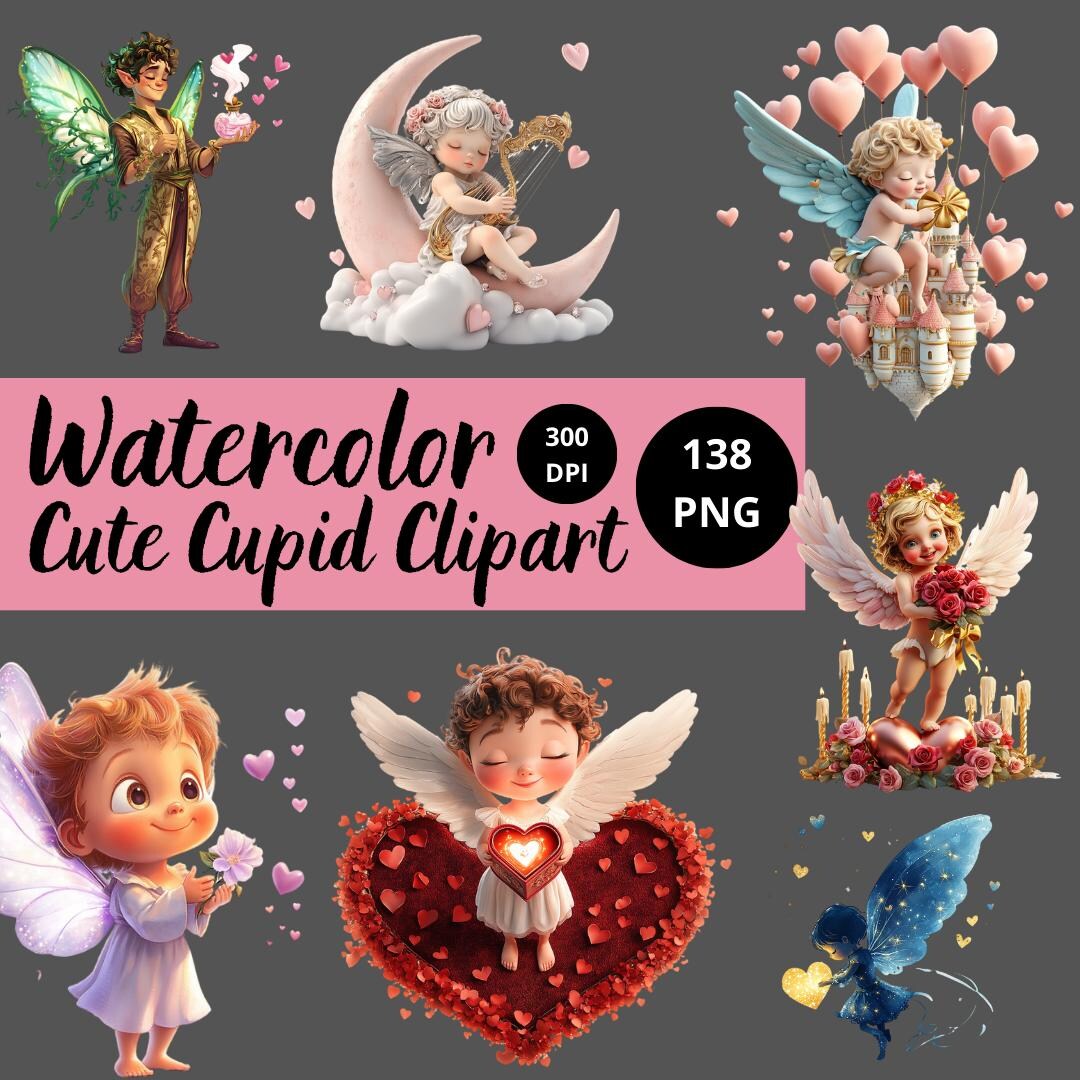 Watercolor Cute Cupid Clipart, Valentine’s Day PNG Graphics, Adorable ...