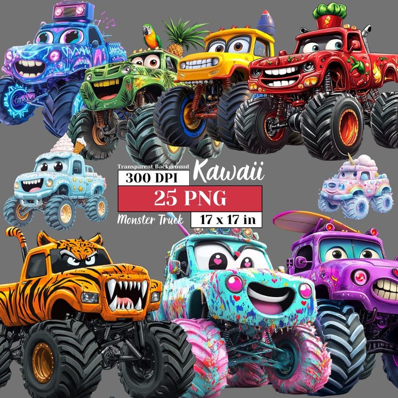 Kawaii Monster Truck Clipart Bundle Watercolor Off-road Vehicle Art PNG ...