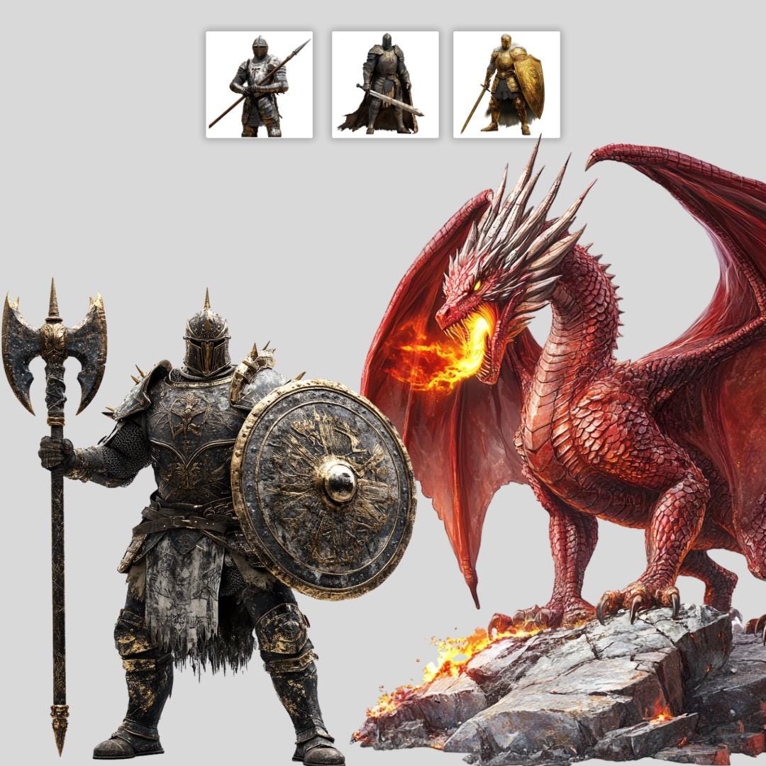 Realistic Dragon and Knight Clipart Bundle – Fantasy PNG for ...