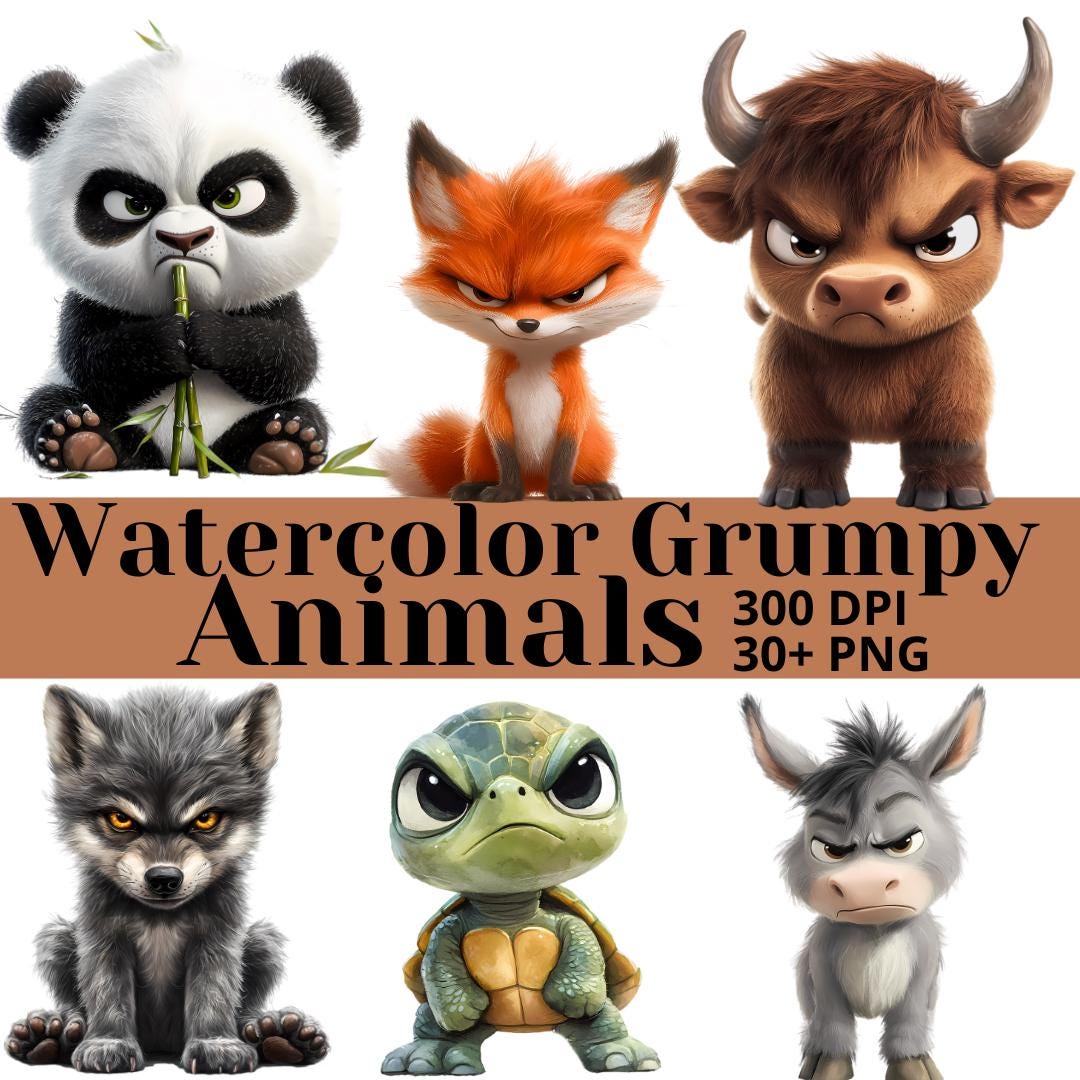 Watercolor Grumpy Animals Clipart, Funny Cartoon Safari Animal PNG ...