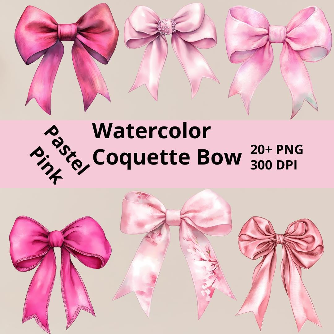 Pastel Pink Bows Clipart Coquette Watercolor Ribbon PNG Soft Girl ...