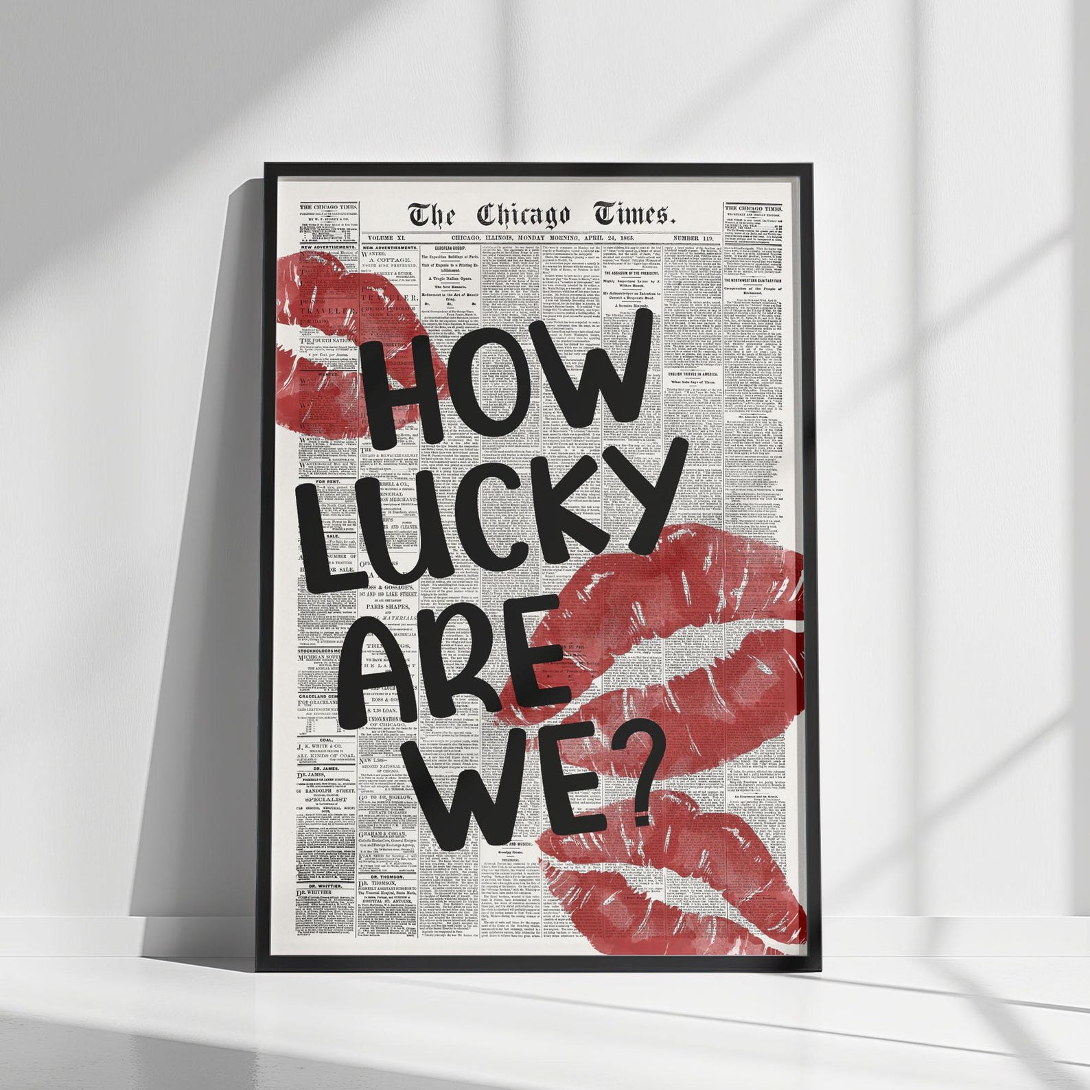 How Lucky Are We Wall Art Print, Red Lips Poster, Newspaper Poster, Lip ...