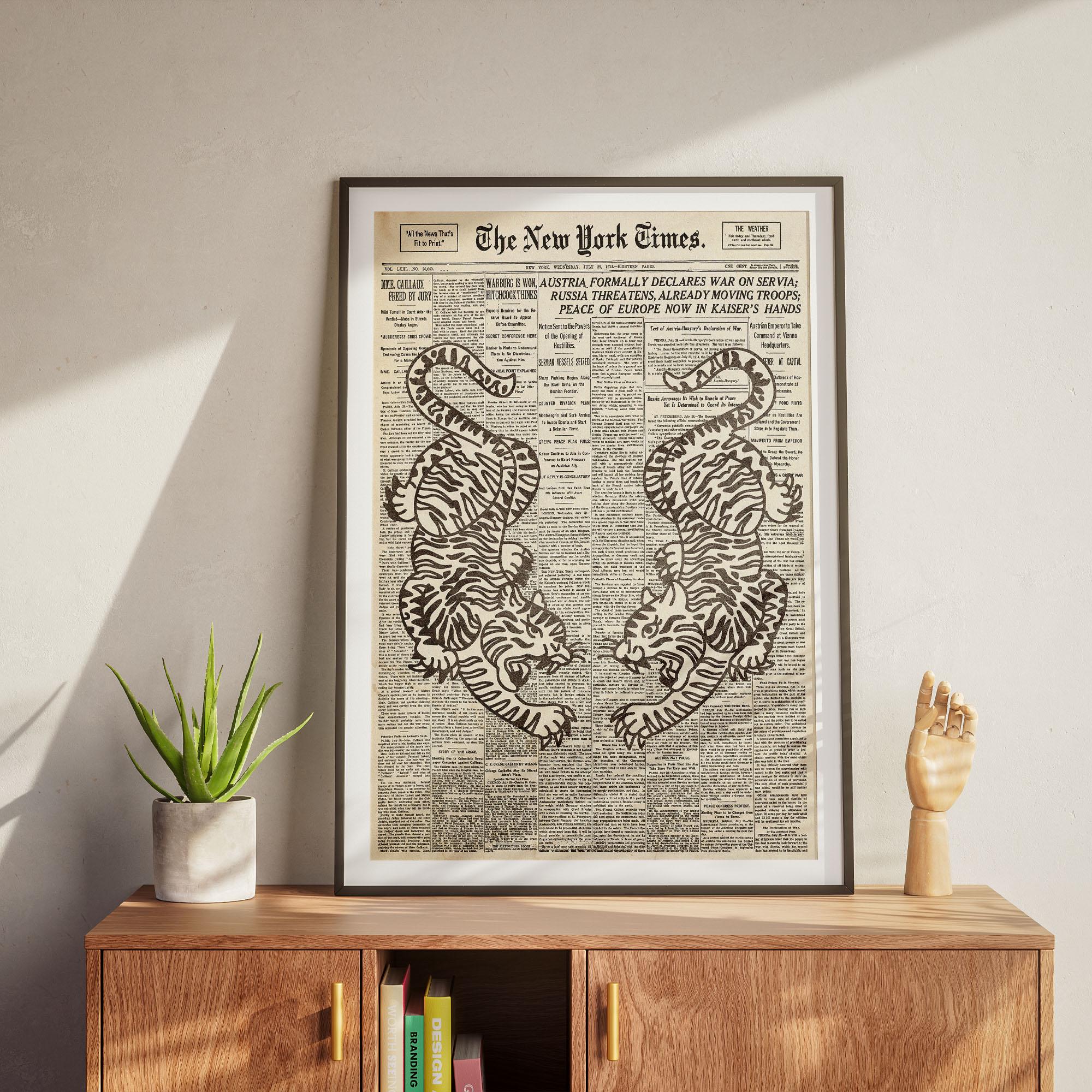 Retro Newspaper Tiger Minimalist Wall Art Print, Wall Art Poster ...