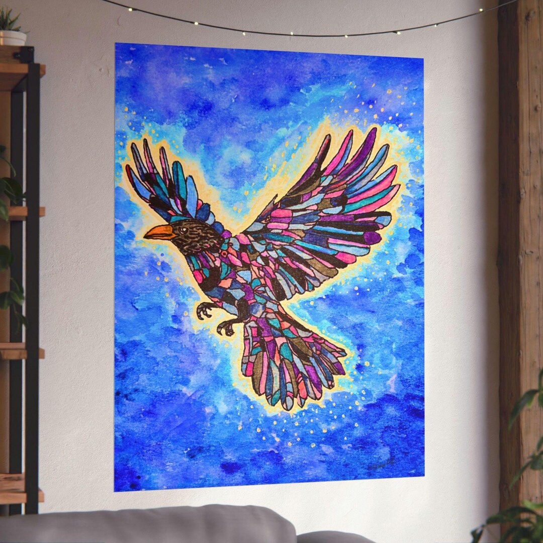 Flying Raven Stained Glass Print of Hand-painted Mixed Media Art Matte ...