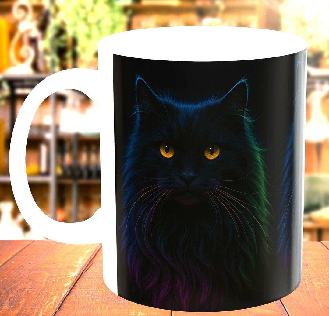 Black Cat Ceramic Mug: Velvet Neon Glow Design Feline Lovers Gift 3 ...