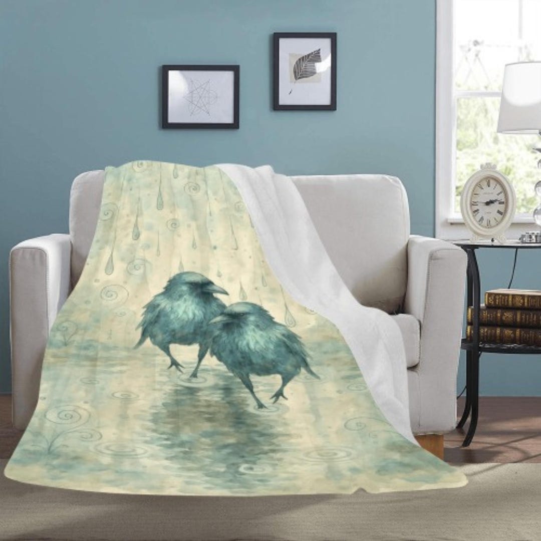 Crows Splash in the Rain Fleece Blanket Watercolor Bird Art Print Throw ...