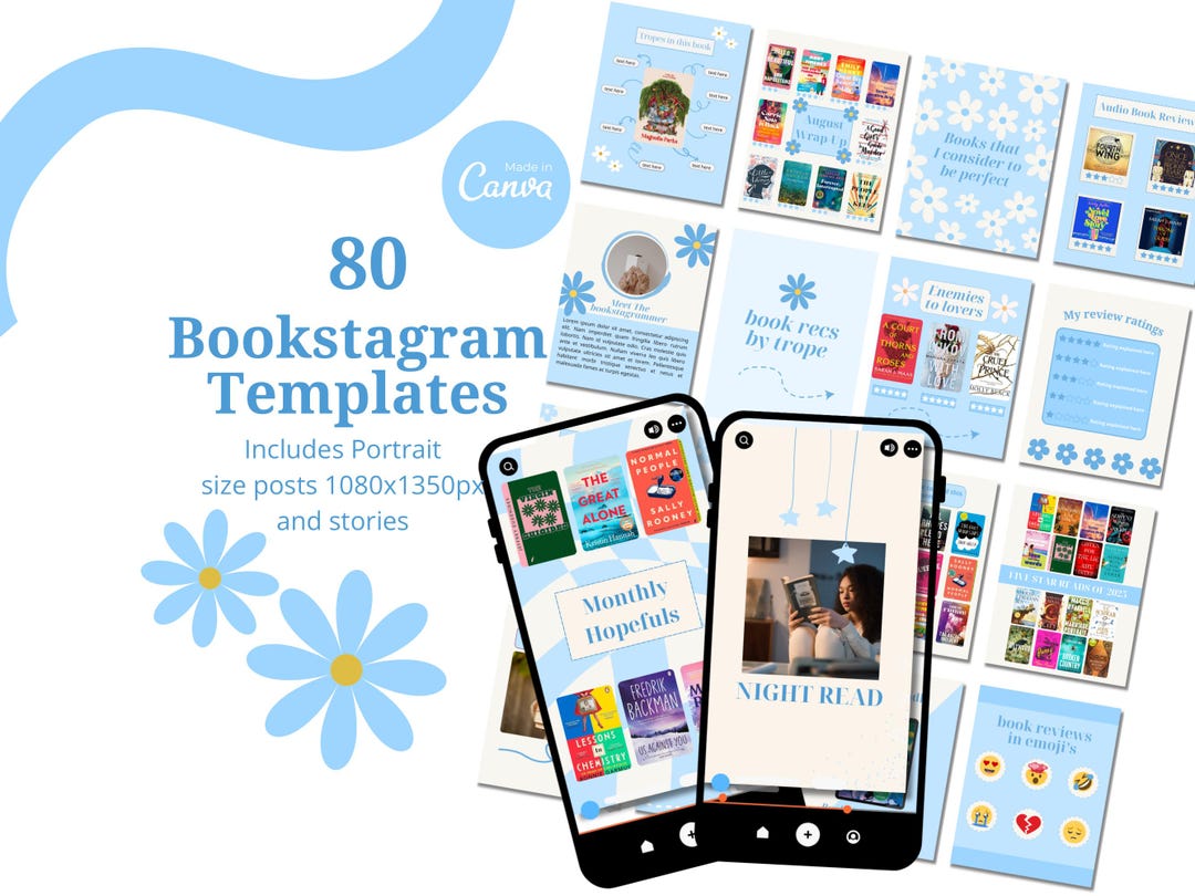 Blue Bookstagram Templates Bundle: Book Review Posts (canva Editable ...