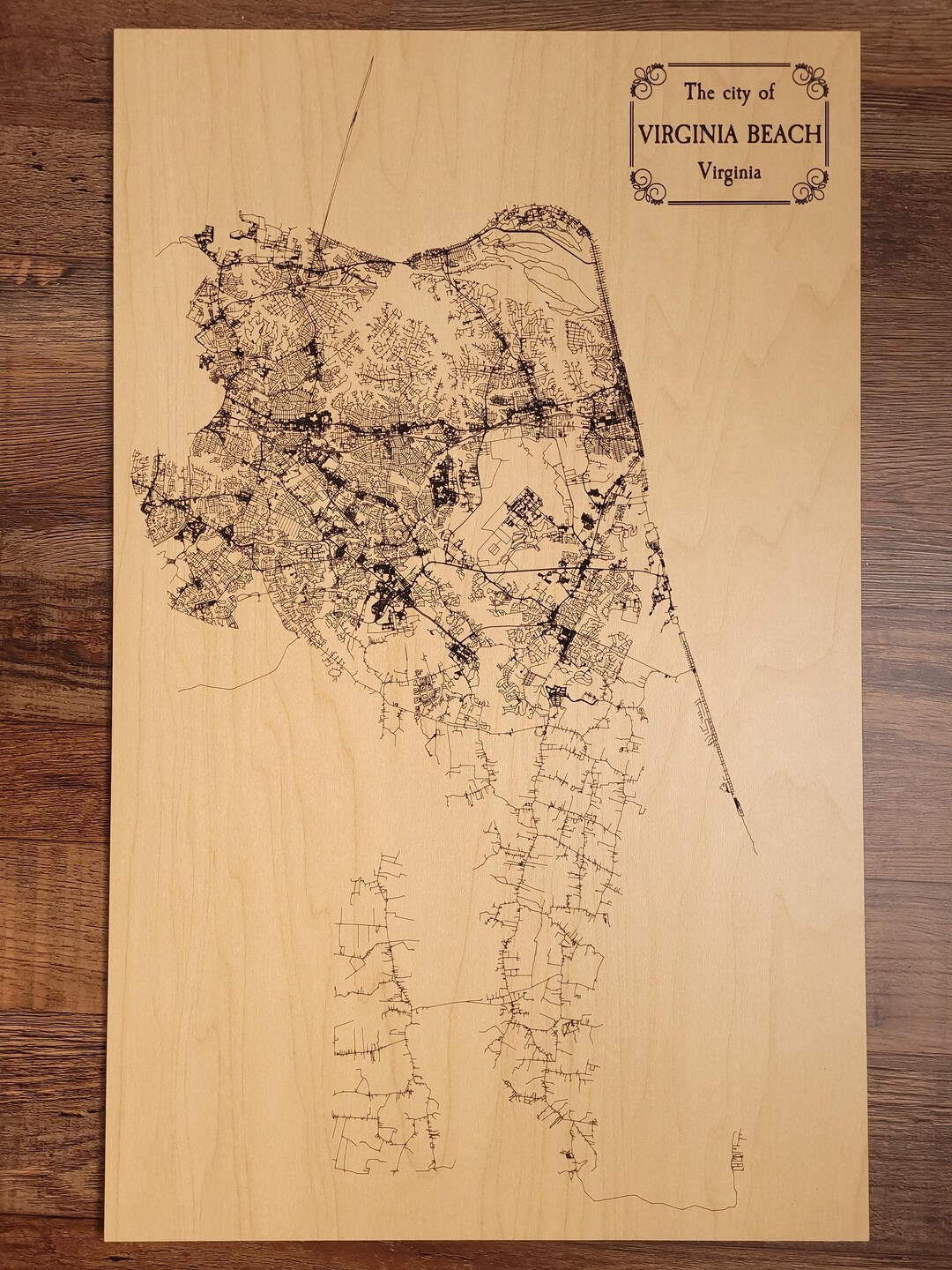 Virginia Beach Street Map Wall Art Laser Engraved 12x19 Inches Wood ...