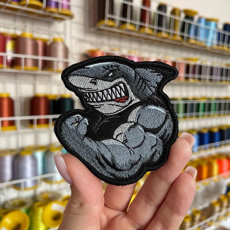Embroidered Muscle Shark Patch for Gym Bag or Workout Jacket | Sew-on ...