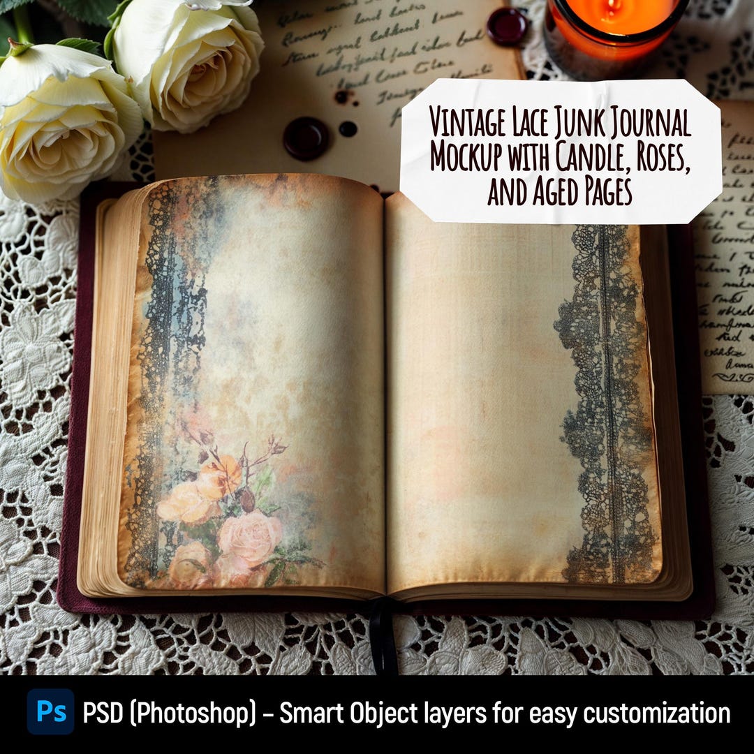 Vintage Lace Junk Journal Mockup With Candle, Roses, and Aged Pages ...