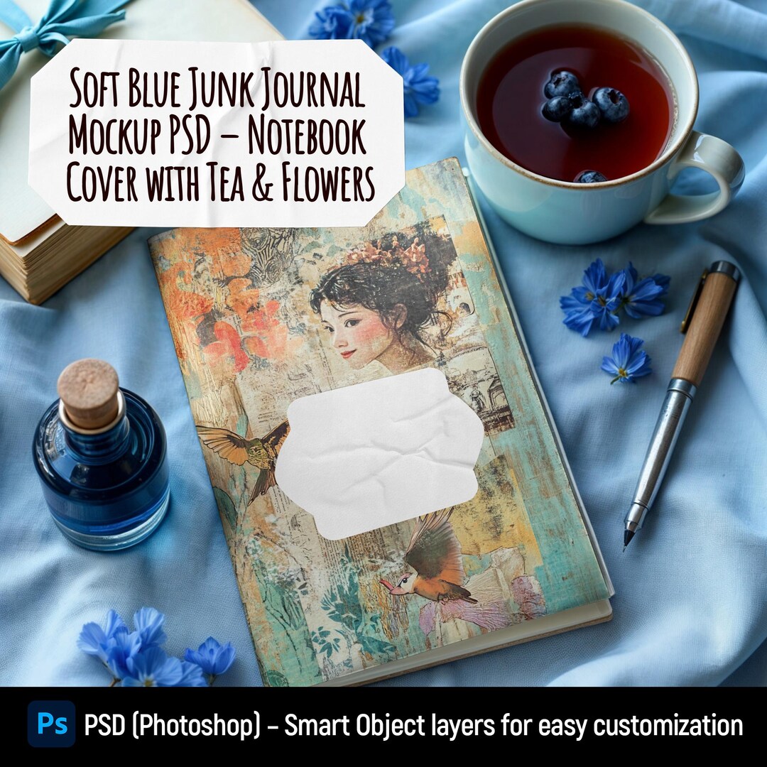 Soft Blue Junk Journal Mockup PSD – Minimalist Notebook Cover With Tea ...