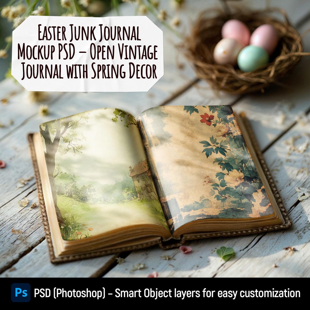 Easter Junk Journal Mockup PSD – Open Vintage Journal With Spring Decor ...