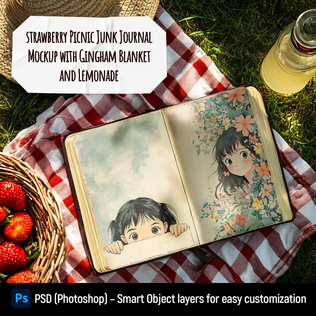 Strawberry Picnic Junk Journal PSD Mockup With Gingham Blanket and ...