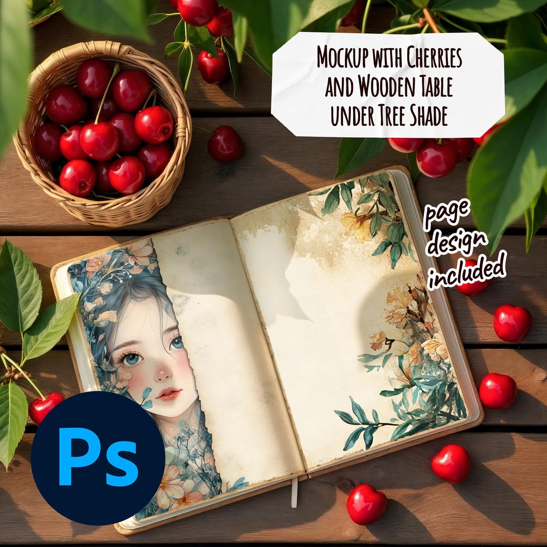Junk Journal PSD Summer Mockup With Cherries and Wooden Table Under ...