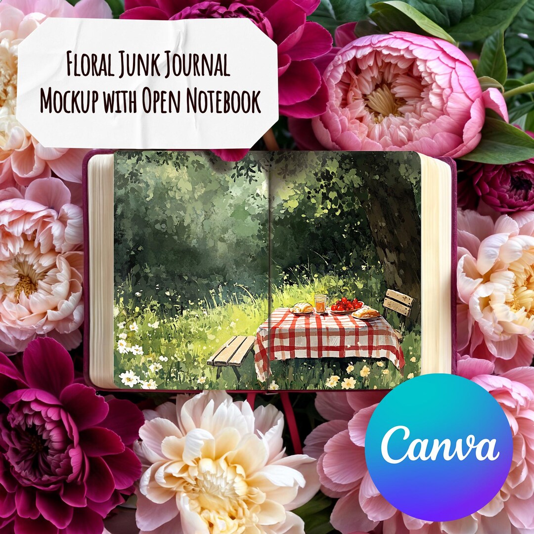 Floral Junk Journal Mockup With Open Notebook Surrounded by Peonies ...