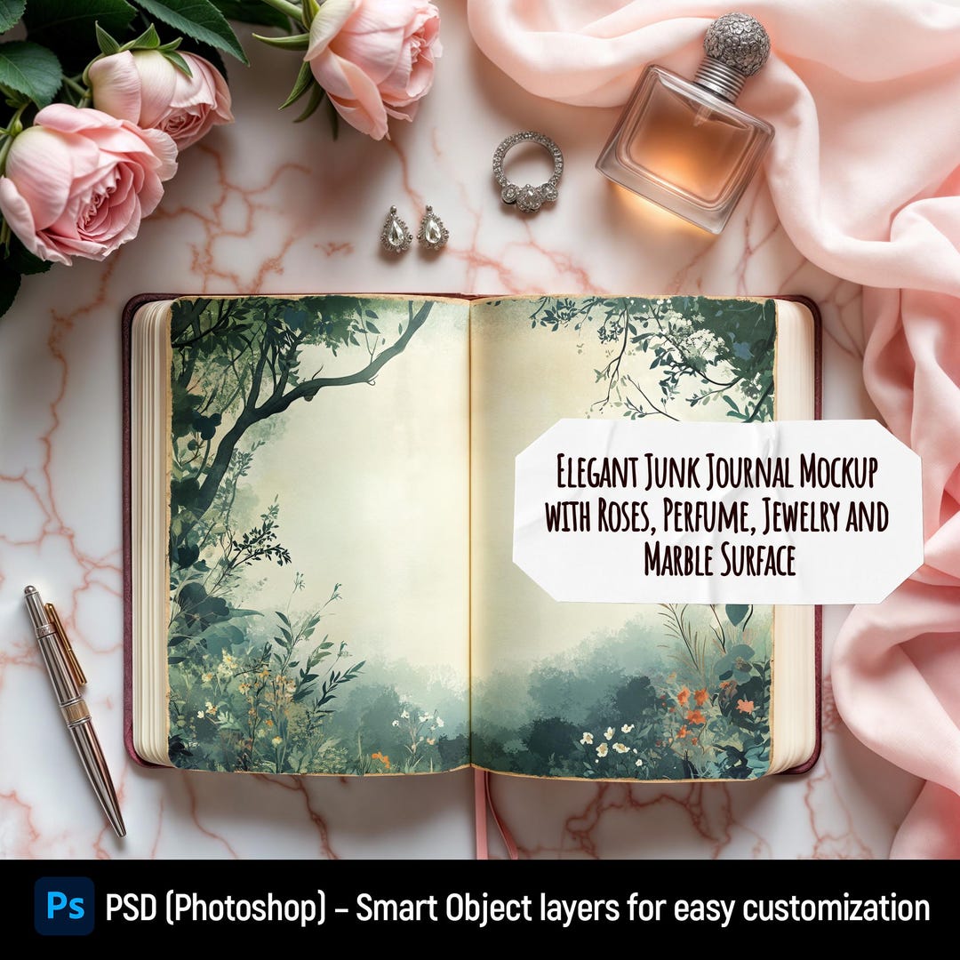 Elegant Junk Journal Mockup With Roses, Perfume, Jewelry and Marble ...