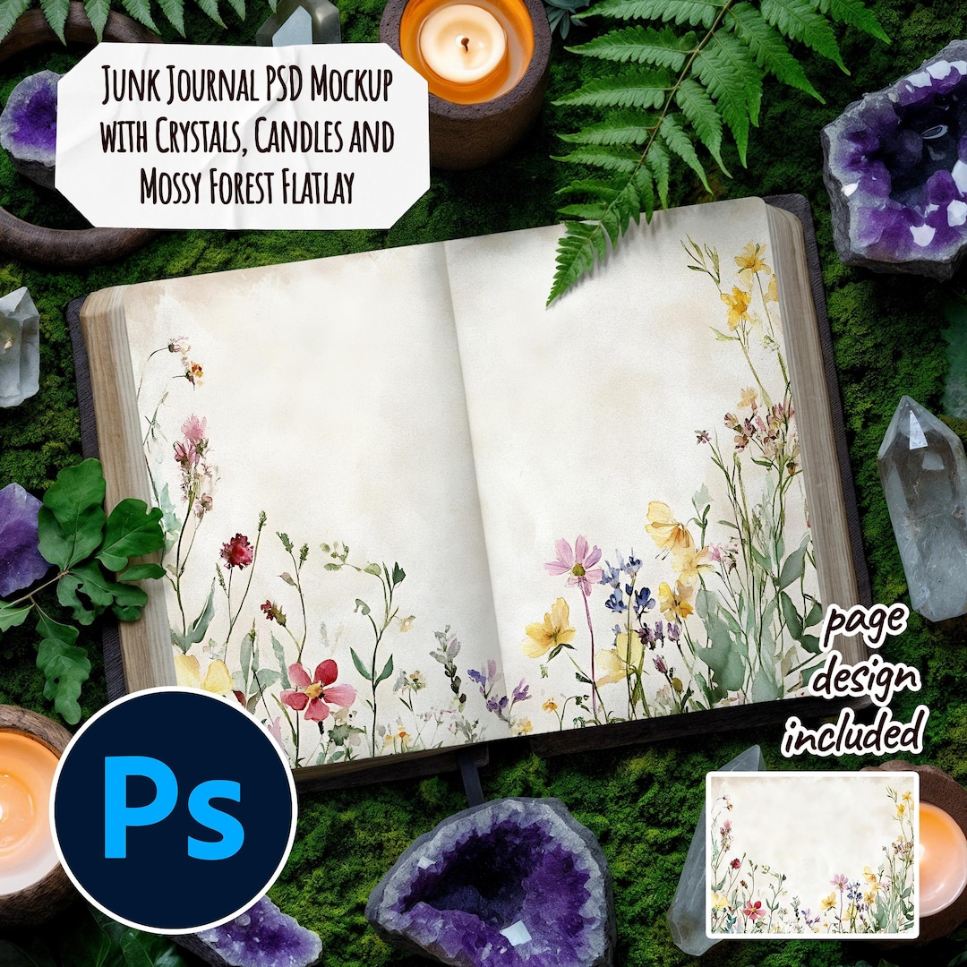 Junk Journal PSD Mockup With Crystals, Candles and Mossy Forest Flatlay ...