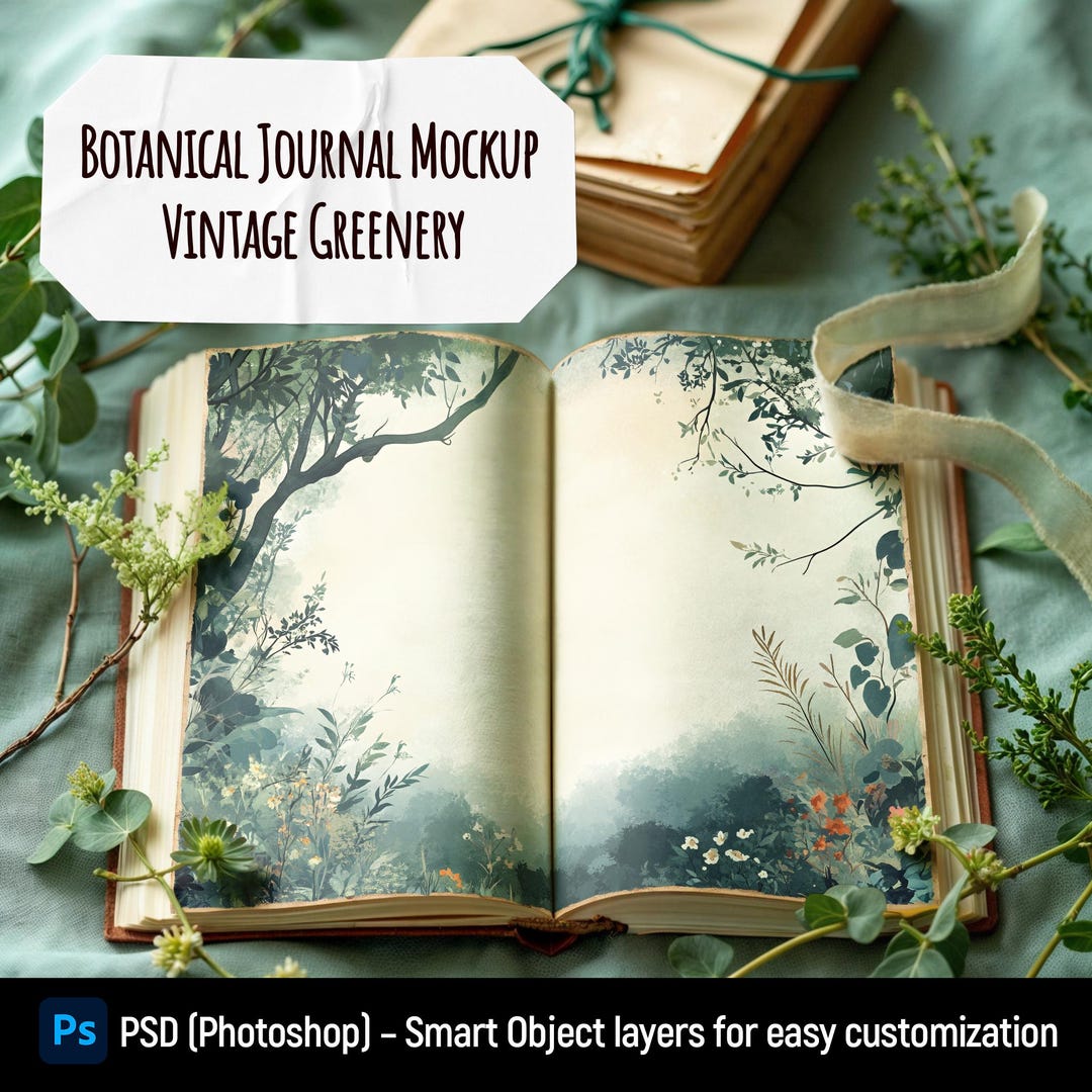 Botanical Junk Journal Mockup PSD – Open Journal With Greenery and ...
