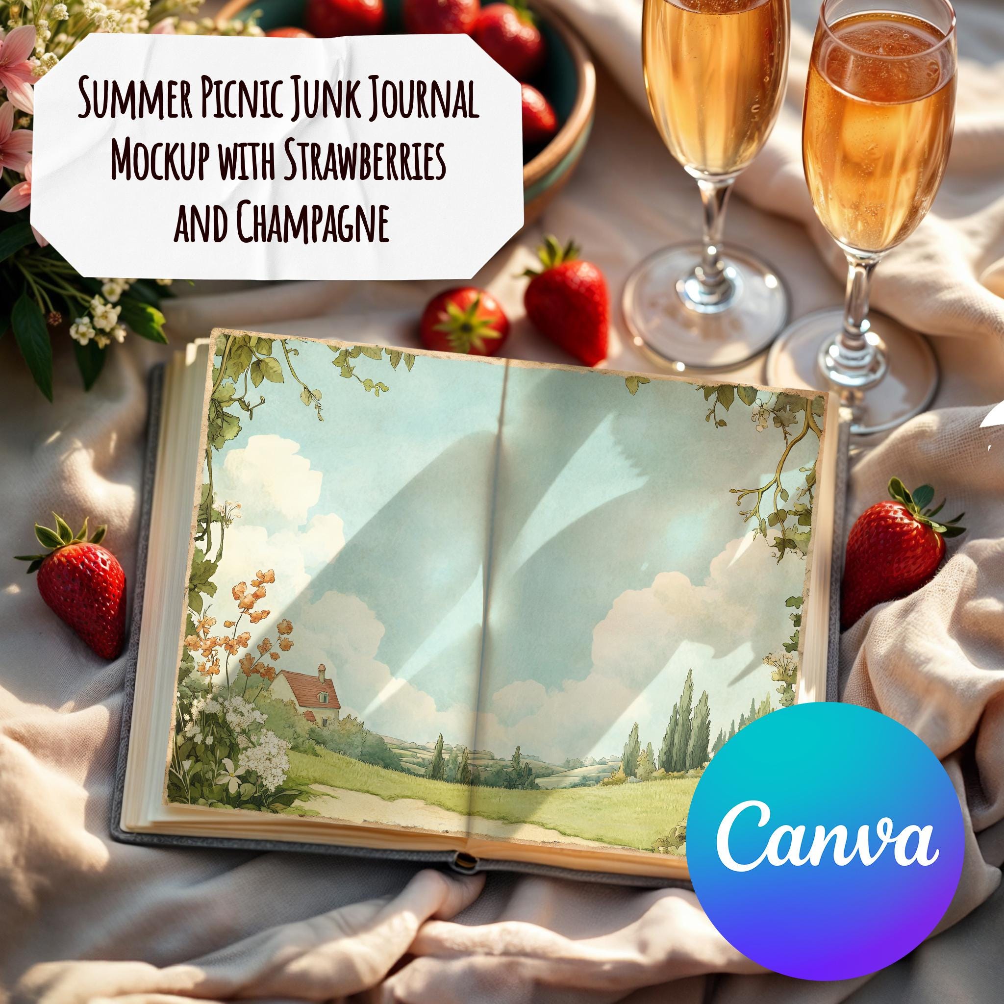 Summer Picnic Junk Journal Mockup With Strawberries and Champagne ...