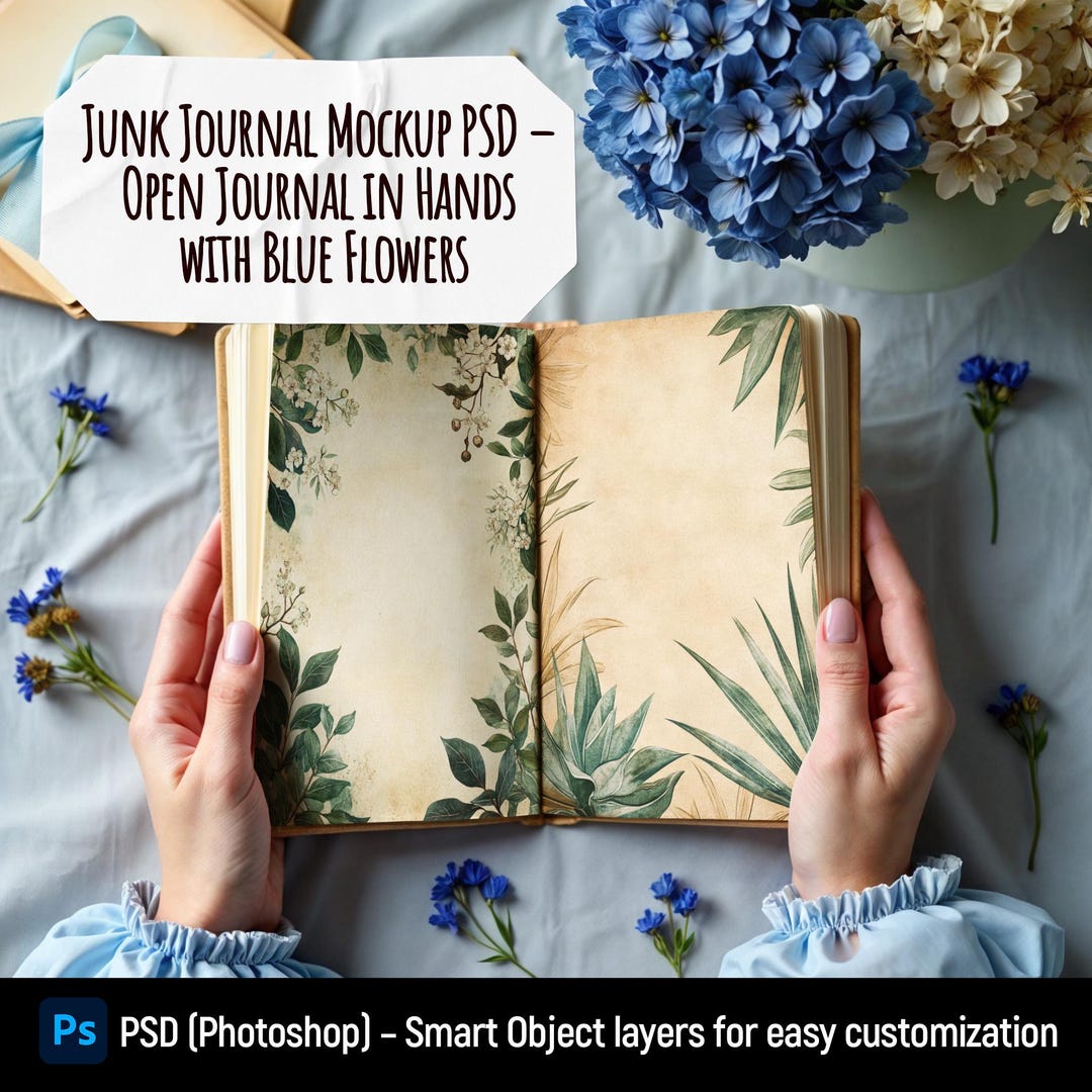 Junk Journal Mockup PSD – Open Journal in Hands With Blue Flowers ...