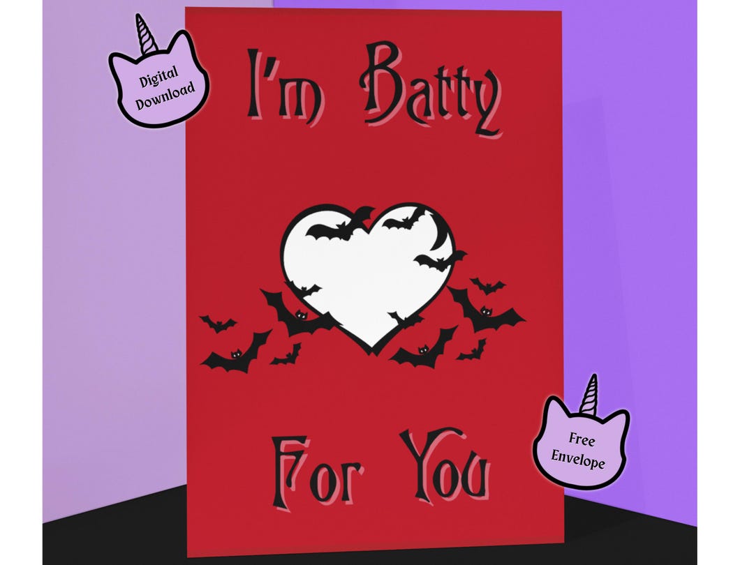 Gothic Valentine Card: Batty for You - Printable Anniversary Card (PDF ...
