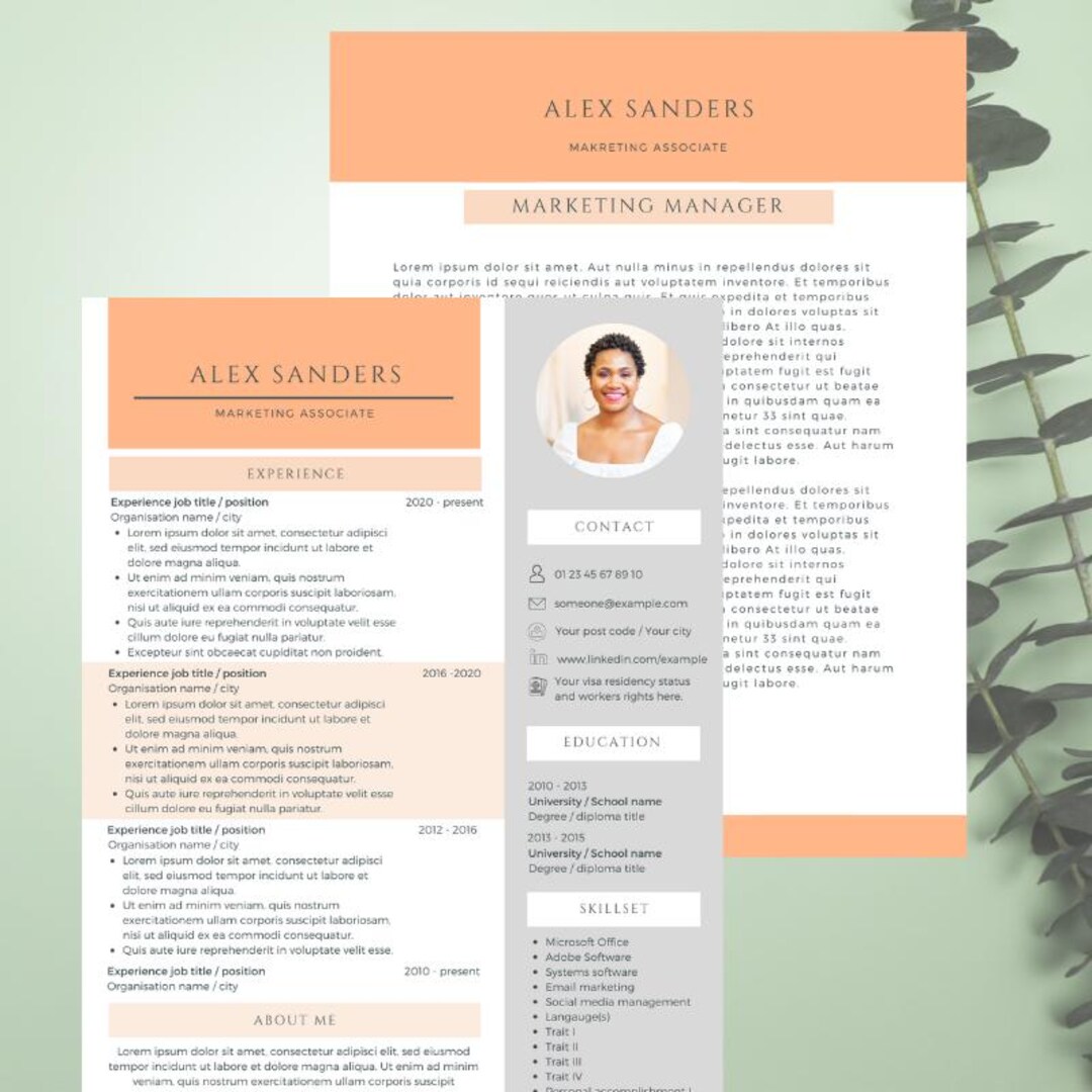 CV Resume and Motivation Cover Letter Template Peach Orange Color - Etsy