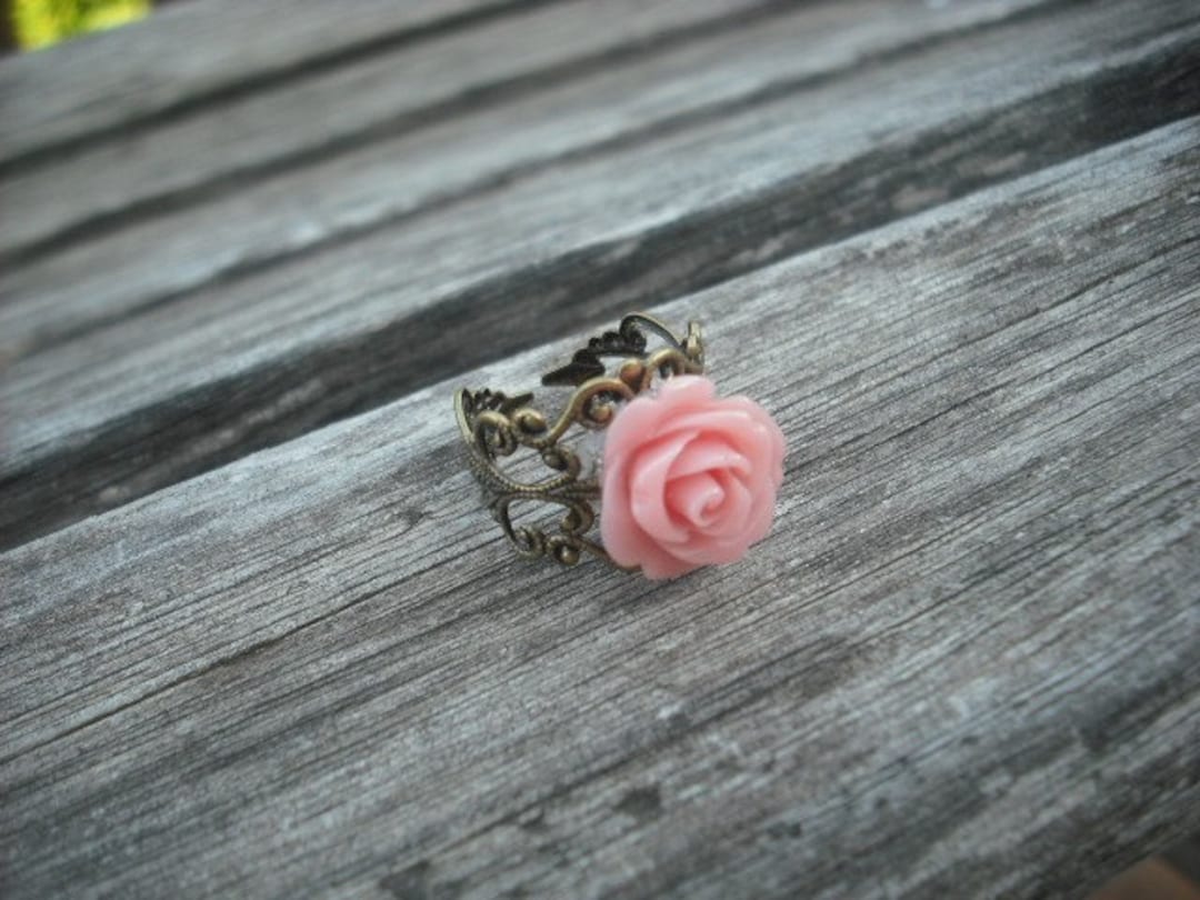 Pink Rose Ring - Antique Brass - Etsy