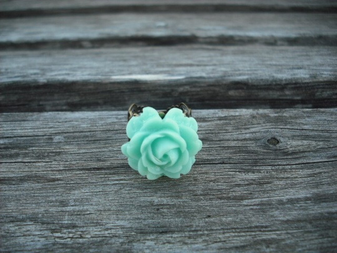 Mint Green Rose Flower Ring - Antique Brass - Etsy