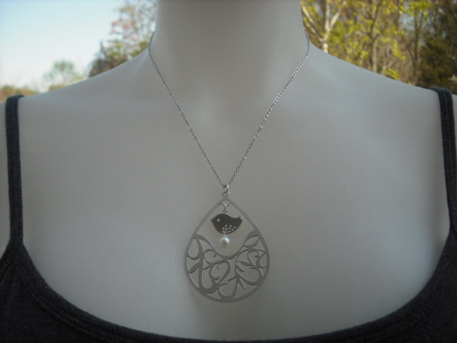 Matte Arabesque Pattern Teardrop necklace white gold plated | Etsy