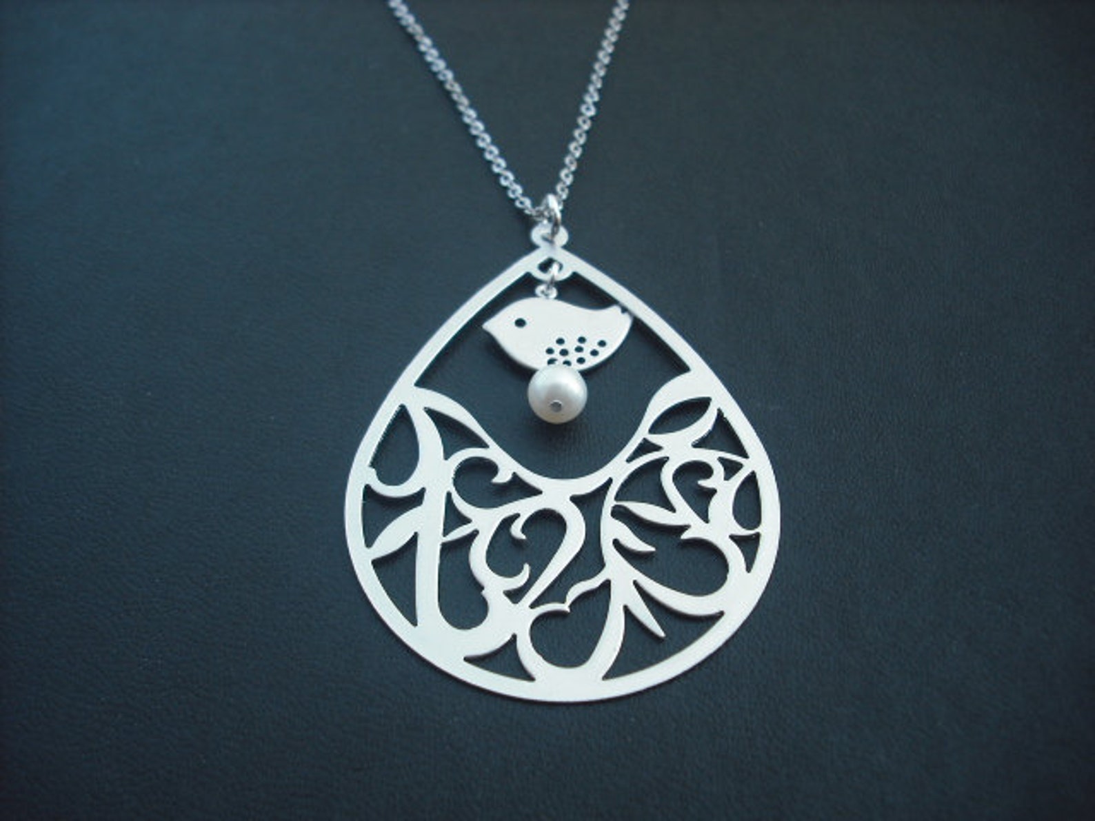 Matte Arabesque Pattern Teardrop necklace white gold plated | Etsy