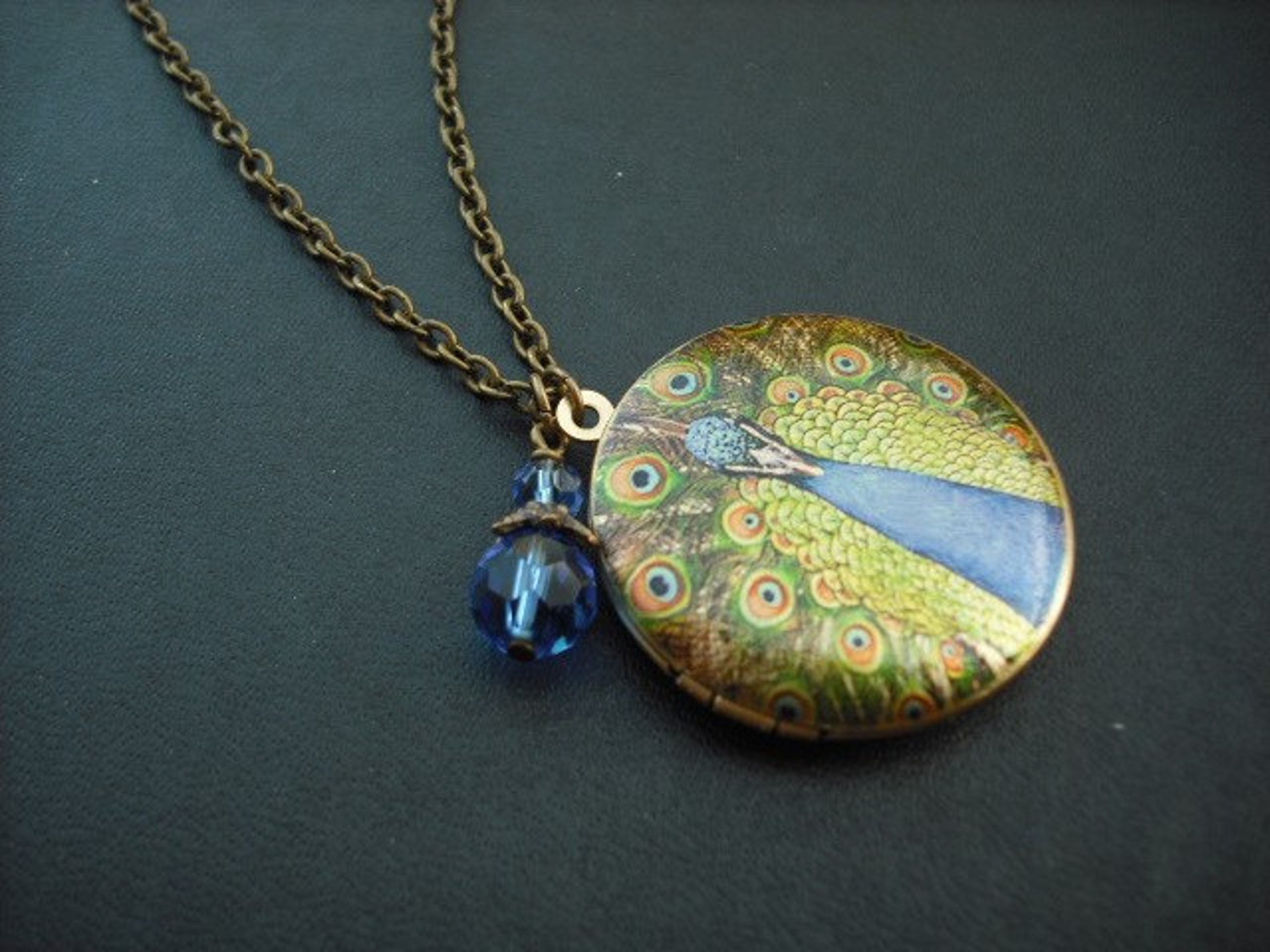 Fancy Blue Peacock Locket With Antique Brass Chain Necklace - Etsy