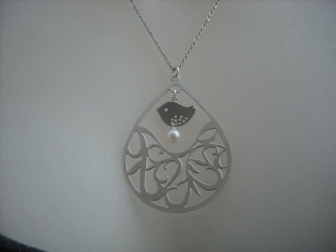 Matte Arabesque Pattern Teardrop Necklace White Gold Plated - Etsy