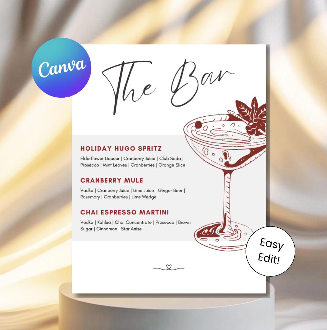 CHRISTMAS BAR MENU Sign Template, Signature Drink Sign Template ...