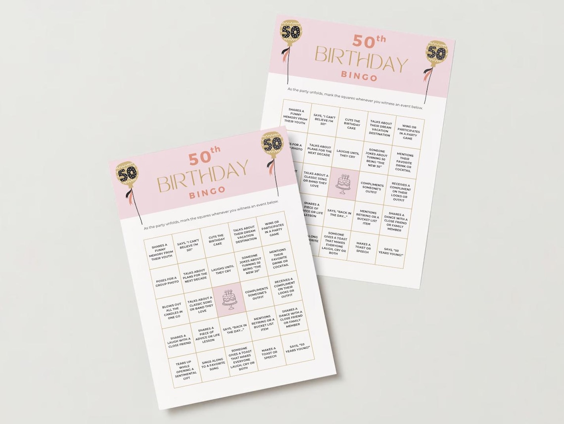 50th Birthday Bingo Cards – Editable Tenplate, Birthday Party Games, Aesthetic Birthday Bingo ...